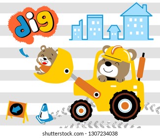 Funny Animals Cartoon On Construction Vehicle: vector de stock (libre ...