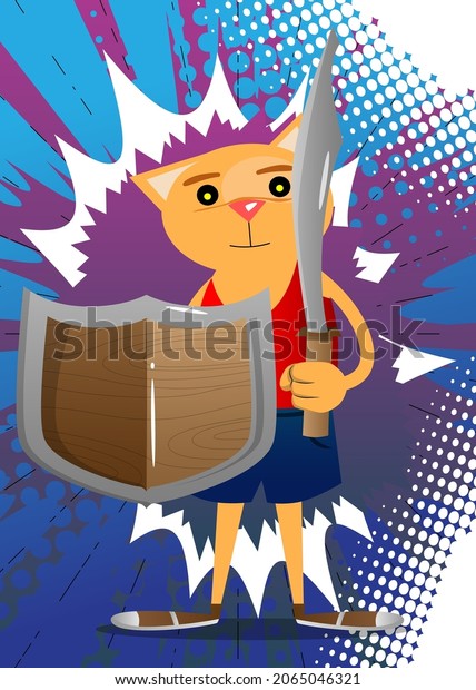 Funny Cartoon Cat Holding Sword Shield Stock Vector (Royalty Free ...