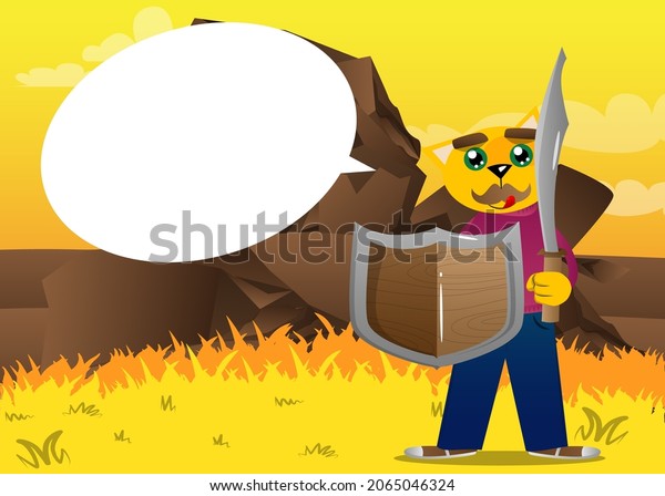 Funny Cartoon Cat Holding Sword Shield Stock Vector (Royalty Free ...
