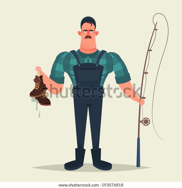 Funny Cartoon Character. Grumpy Fisherman Holding Rod and Old Boots ...