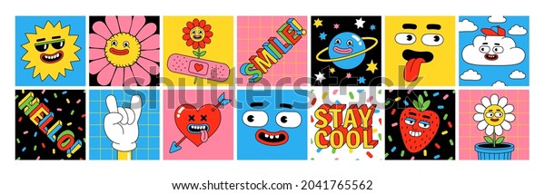 Funny cartoon characters. Sticker pack, square posters, prints. Vector ...