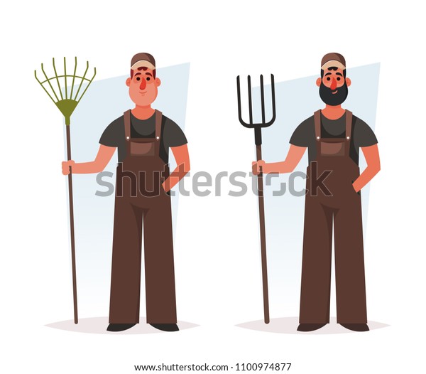 Funny Cartoon Characters Worker Holding Rake Stock Vector (Royalty Free ...