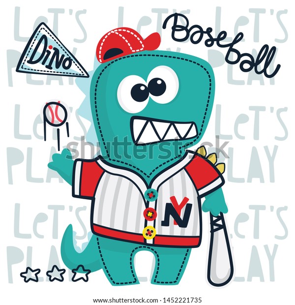 Funny Cartoon Dinosaur Baseball Player Holding Stok Vektör (Telifsiz ...
