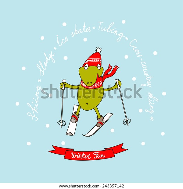 Funny Cartoon Frog Skiing Winter Emblem Stock Vector (Royalty Free ...