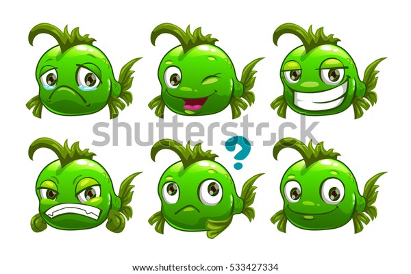 Vektor Stok Funny Cartoon Green Fish Character Different (Tanpa Royalti ...