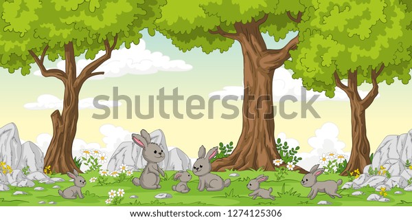 Funny Cartoon Rabbits Trees Hand Draw Stock Vector (Royalty Free ...