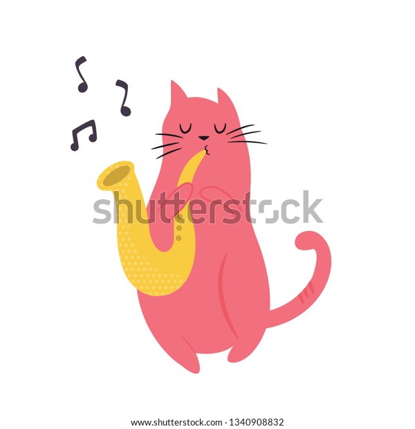 Funny Cat Playing Saxophone Vector Illustration Stock Vector (Royalty ...