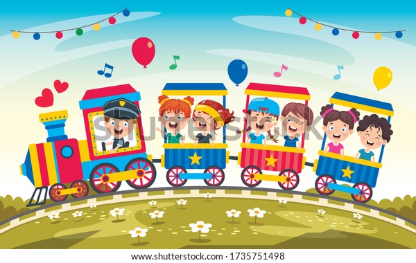 Funny Children Riding On Train Stock Vector (Royalty Free) 1735751498 ...
