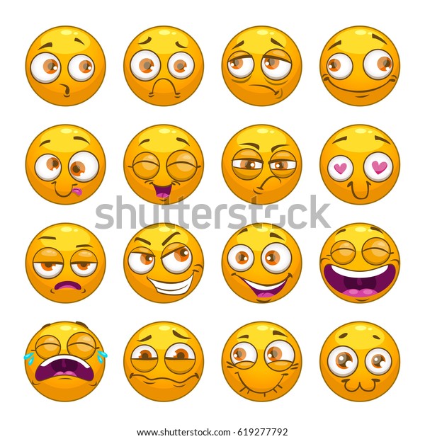 Funny Comic Cartoon Yellow Smiley Faces 스톡 벡터(로열티 프리) 619277792 ...