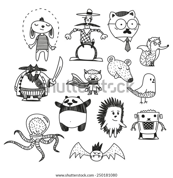 Funny Creatures Vector Drawings Set Stock Vector (Royalty Free) 250181080