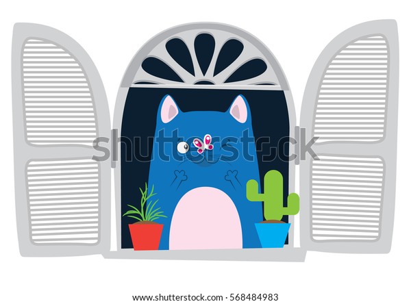 Funny Cute Cartoon Blue Cat Window Stock Vector (Royalty Free ...