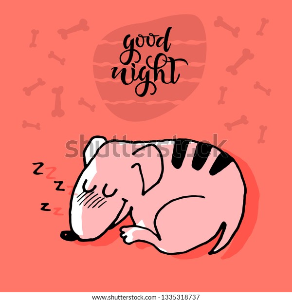 Funny Cute Sleeping Dog Good Night Stock Vector (Royalty Free) 1335318737