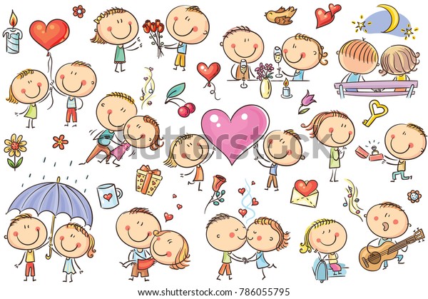 Funny Doodle Couples Kissing Dancing Great Stock Vector (Royalty Free ...