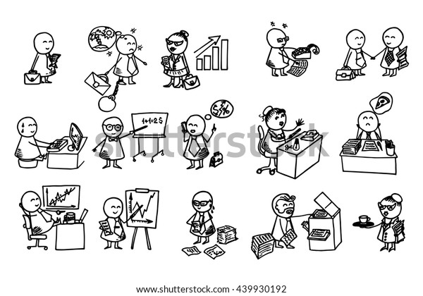 Funny doodle office workers icons. Big vector office set.