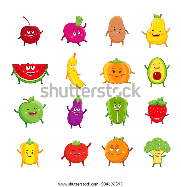 Funny Fruits Vegetables Characters Cartoon Set Stock Vector (Royalty ...