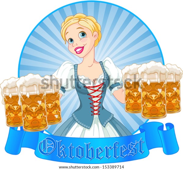 Funny German Girl Serving Beer On Stock Vector Royalty Free 153389714