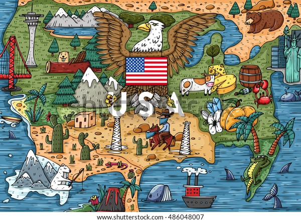 Funny Hand drawn Cartoon USA map with most popular places of interest ...