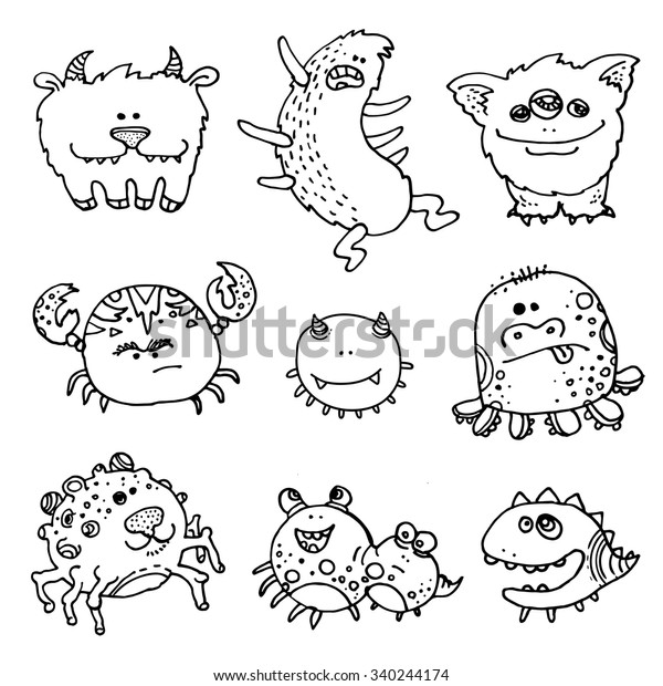 Funny Monsters Drawn Line On White Stock Vector (Royalty Free ...