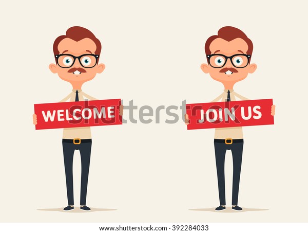 Funny Office Workers Holding Big Welcome Stock Vector (Royalty Free ...