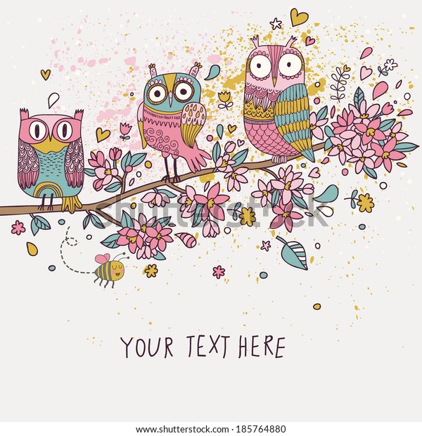 Funny Owls On Branch Flowers Spring Stock Vector (Royalty Free) 185764880