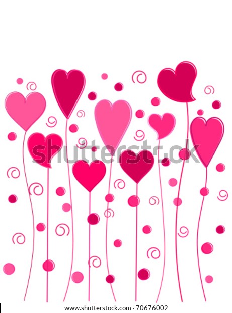 Funny pink hearts growing on long stems. Vector illustration