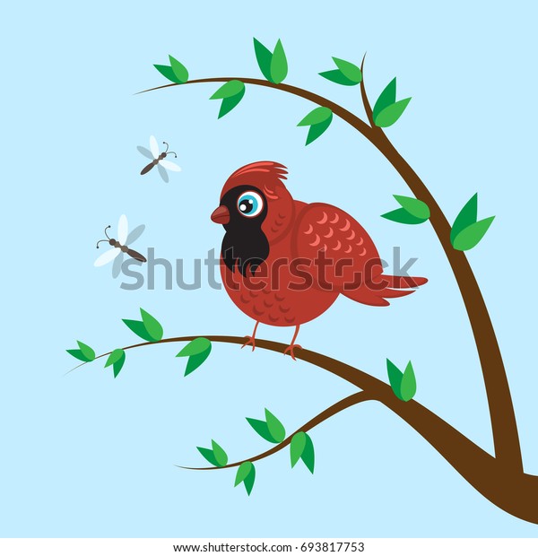 Funny Red Bird Sitting On Branch Stock Vector (Royalty Free) 693817753 ...