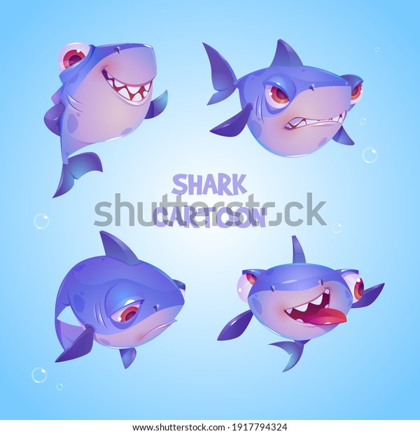 Funny Shark Character Different Emotions Vector: เวกเตอร์สต็อก (ปลอดค่า ...