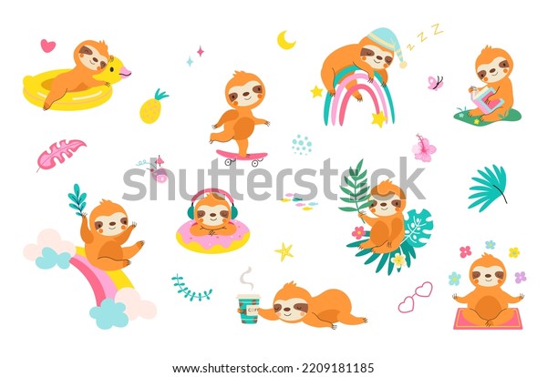 Funny Sloth Characters Swimming Sleep Cute Stock Vector (Royalty Free ...