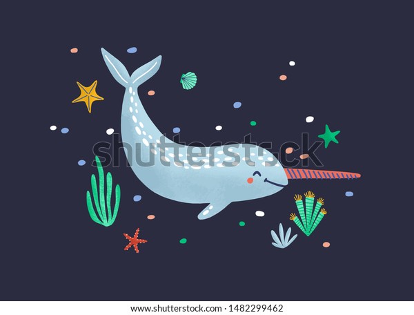Funny Smiling Narwhal Isolated On Dark Stock Vector (Royalty Free ...