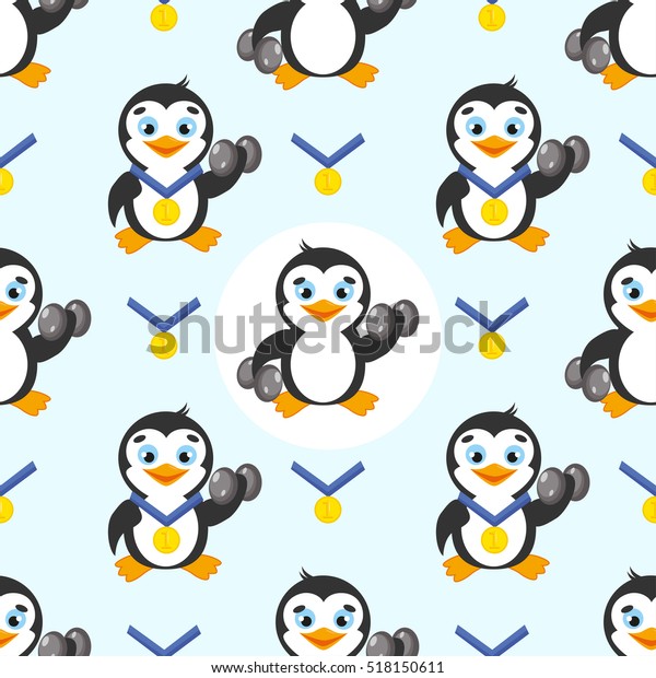 Funny Sport Pattern Penguin Medals On Stock Vector (Royalty Free) 518150611