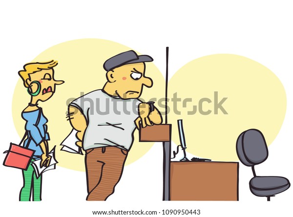 Funny vector cartoon of clients waiting for the missing clerk at the ...