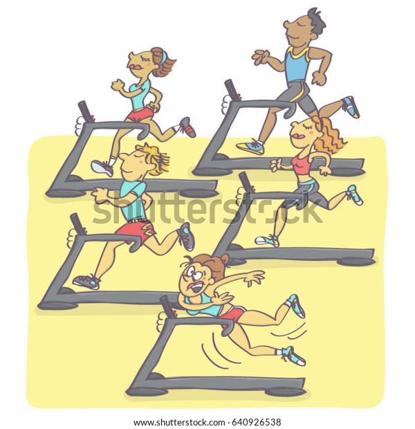 Funny vector cartoon with group of people jogging on running machines ...