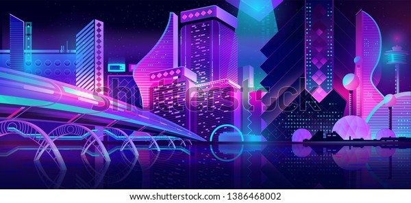 Future metropolis streets night skyline cartoon vector with illuminated ...