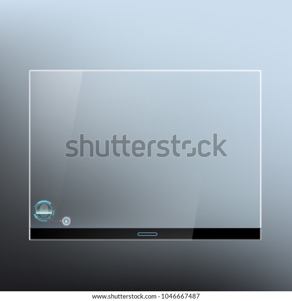 Futuristic tablet device with a transparent glass screen. Fingerprint ...