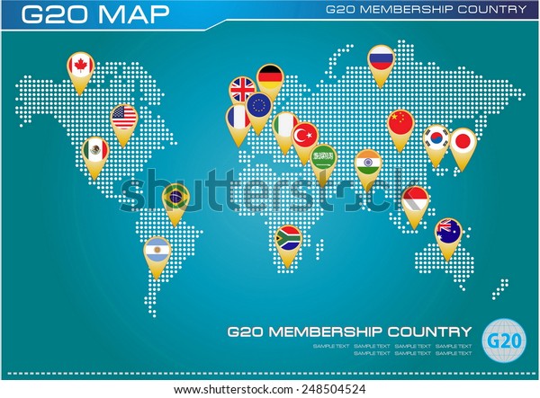 G20 국가 깃발(Worldmap 또는 G20 회원 스톡 벡터(로열티 프리) 248504524
