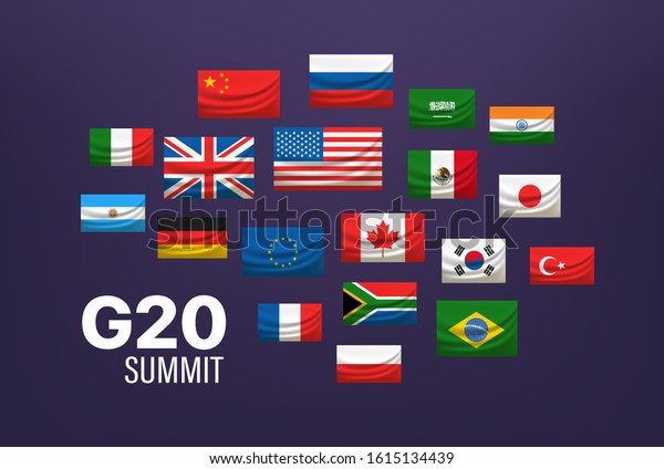 G20 world summit concept. Flags of countries
