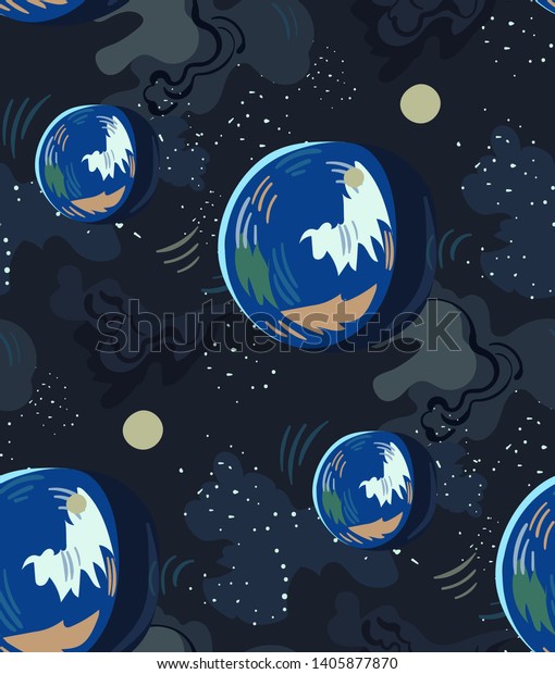 Vektor Stok Galaxy Vector Cartoon Illustration Dark Seamless (Tanpa ...