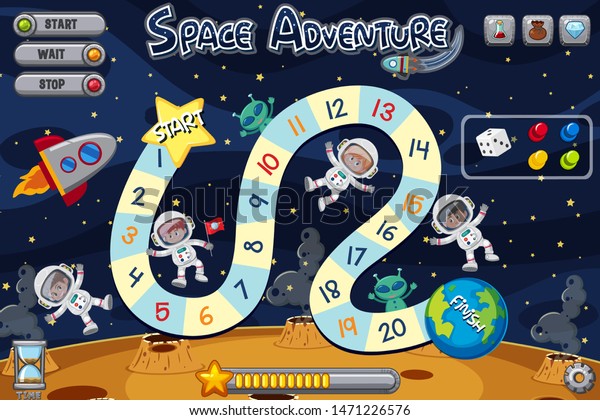 Game template with four astronauts and two aliens illustration