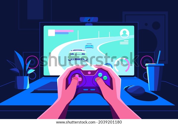 Gamer Hands Holding Console Front Screen Stock Vector (Royalty Free ...