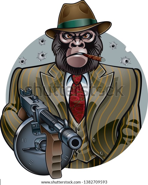 singe gangster en costume tenant une : image vectorielle de stock ...