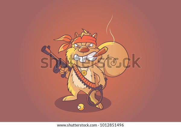Gangster Squirrel with gun and racket in hands and smoking a cigarette ...