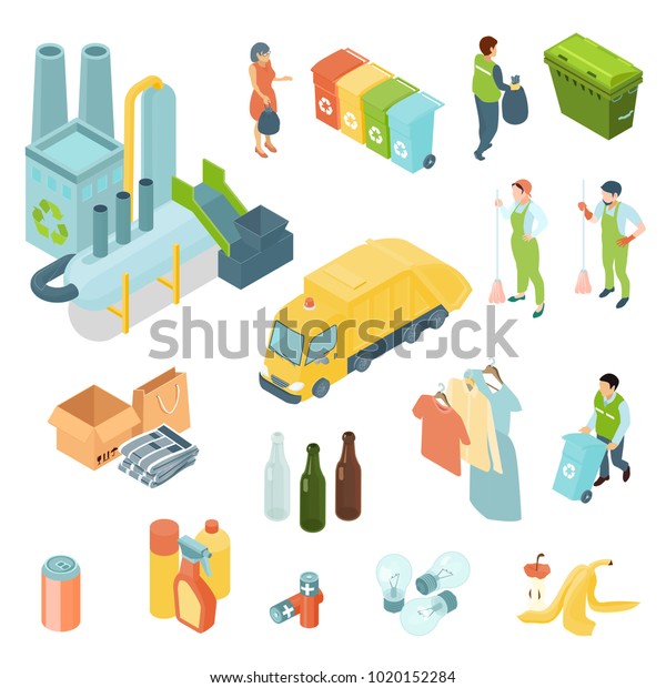 Garbage recycling set of isometric icons with waste processing plant ... Garbage recycling set of isometric icons with waste processing plant ...