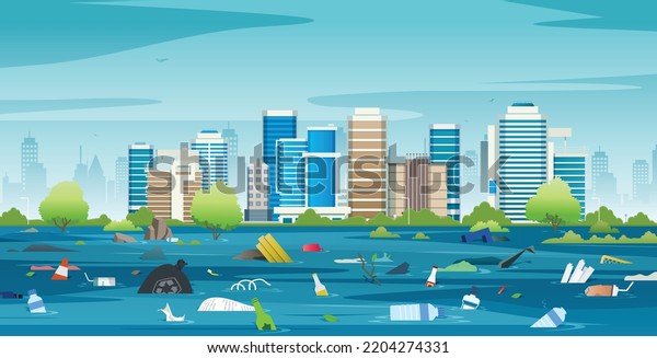 Garbage That Floated Together Flood City Stock Vector (Royalty Free ...