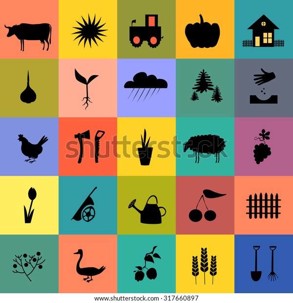 Vektor Stok Garden Farm Icon Set Black Symbols (Tanpa Royalti ...