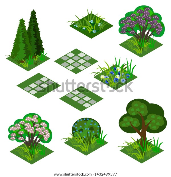 Garden Or Farm Isometric Tile Set Isolated Isometric Tiles Trees Flowers In Grass Bushes In