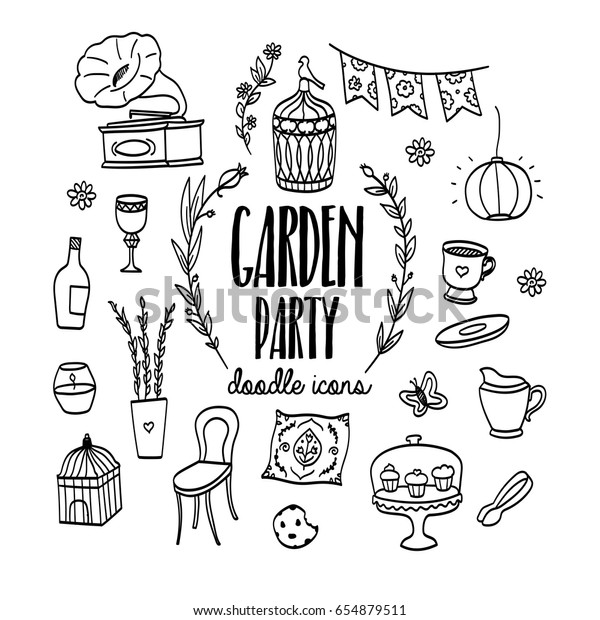 Garden party hand drawn doodle icons. Vintage design elements.