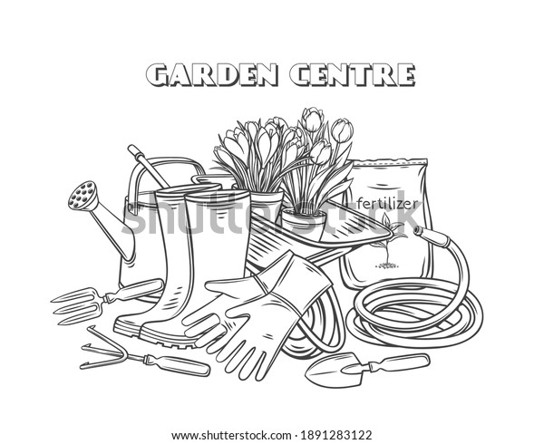 Gardening Tools Vector Outline Hand Drawn Stock Vector (Royalty Free ...