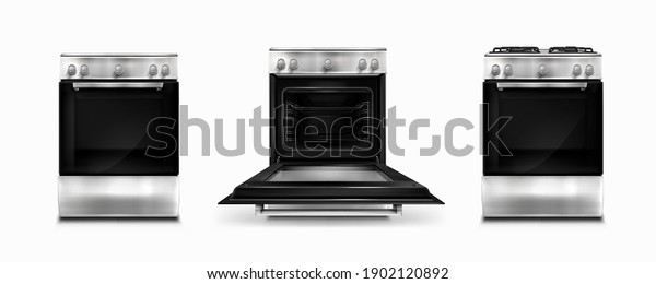 Gas stove and induction cooking panel with electric ovens, open and ...