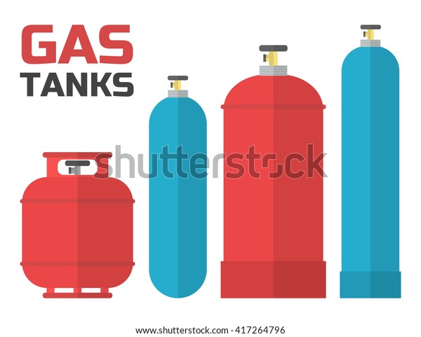 Tanques de gas. Varios tanques de gas de estilo plano. Oxígeno, propano ...