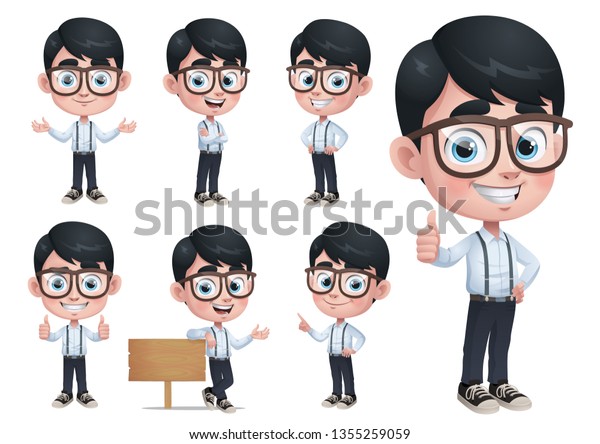 Geek Boy Mascot Character 7 Poses Stock Vector (Royalty Free) 1355259059